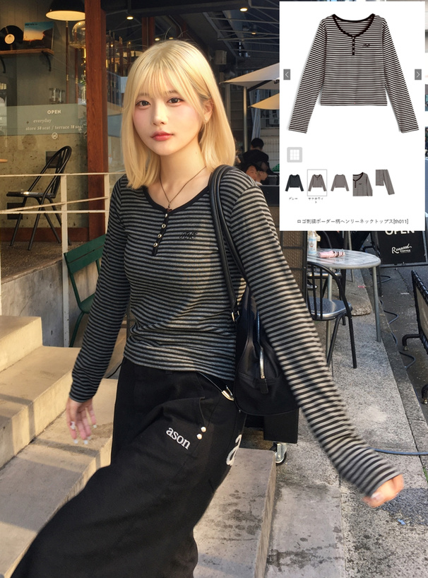ロゴ刺繍ボーダー柄ヘンリーネックトップス[th011] | レディース